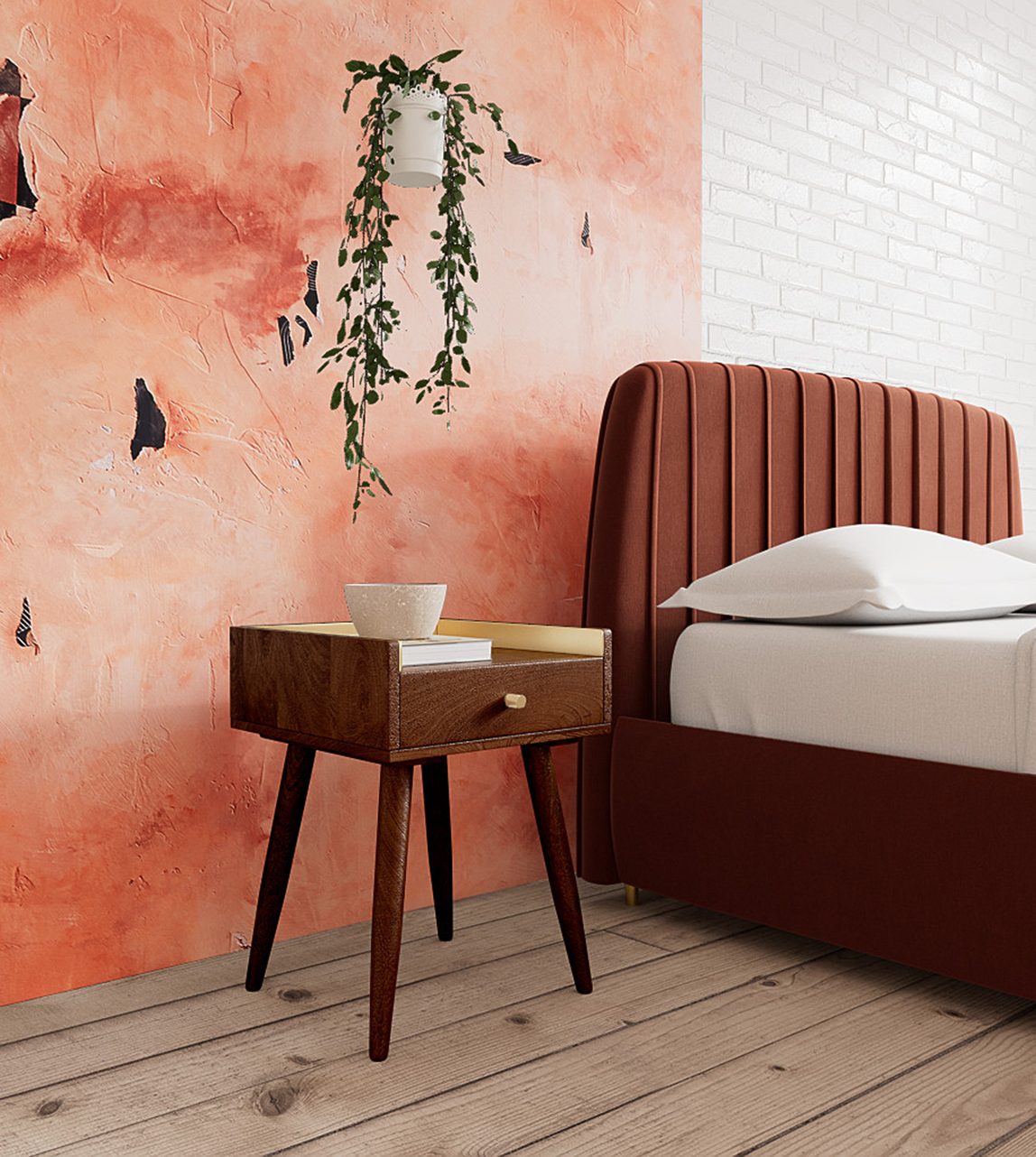 Fresco Scandi Style Side Table in Acacia & Brass | Swoon