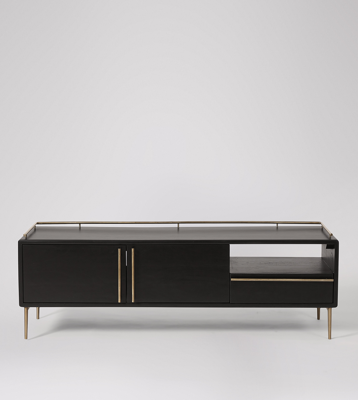 Connaught Art Deco Style TV Stand in Black Mango Wood & Brass | Swoon