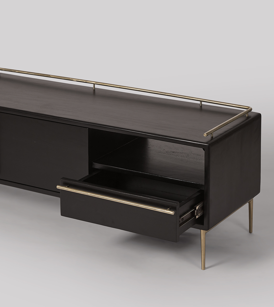 Connaught Art Deco Style TV Stand in Black Mango Wood & Brass | Swoon
