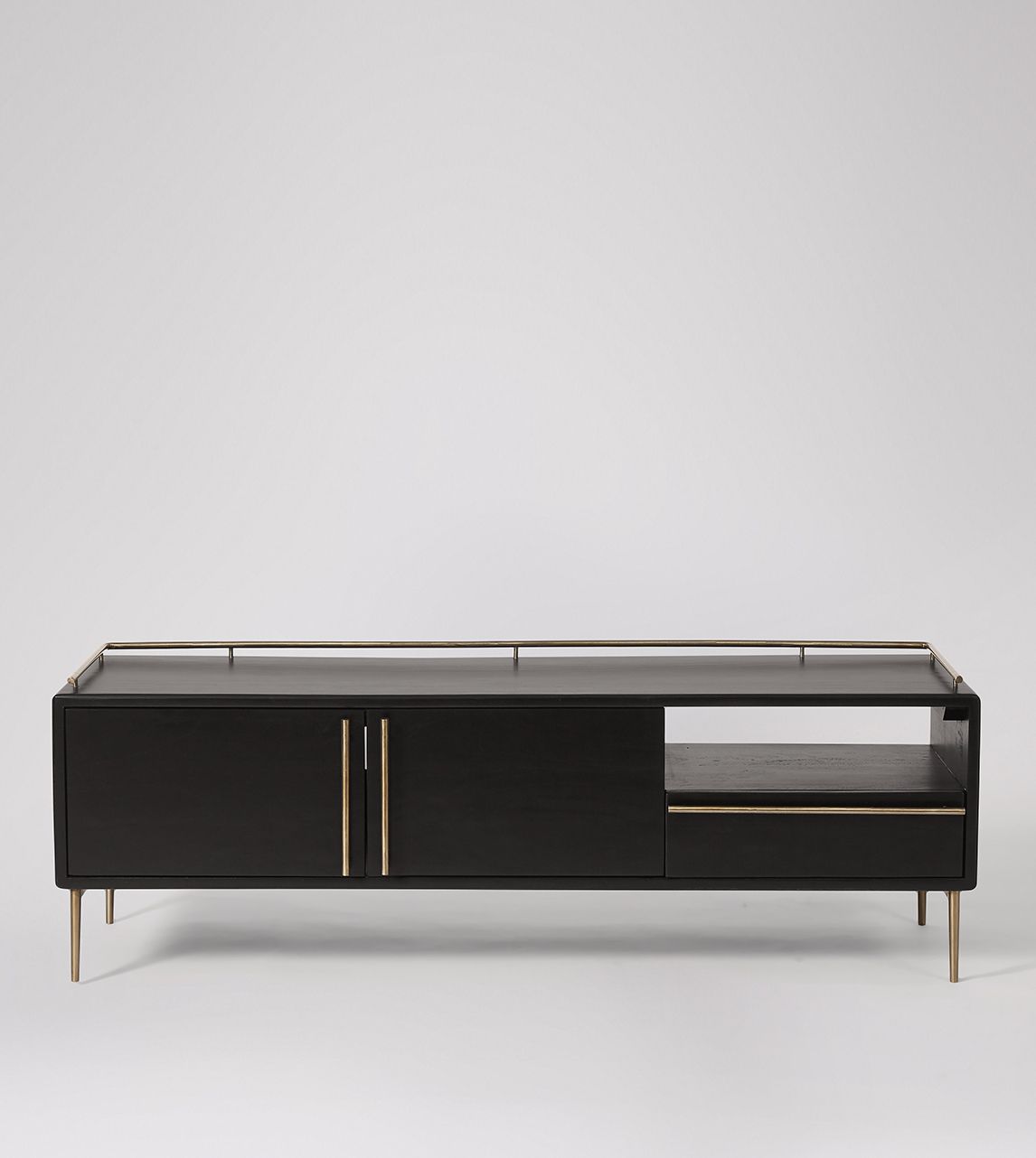 Connaught Art Deco Style TV Stand in Black Mango Wood & Brass | Swoon