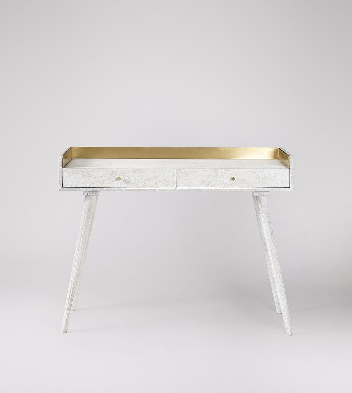 Fresco Mid Century Desk in Sandblasted White Mango Wood & Brass | Swoon