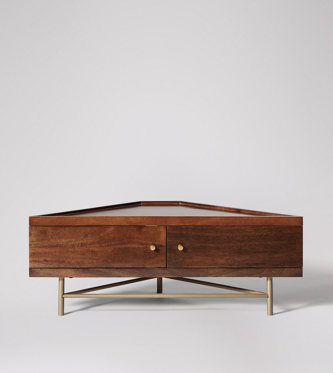 Halle Mid-Century Modern Corner TV Unit in Dark Mango Wood & Brass | Swoon