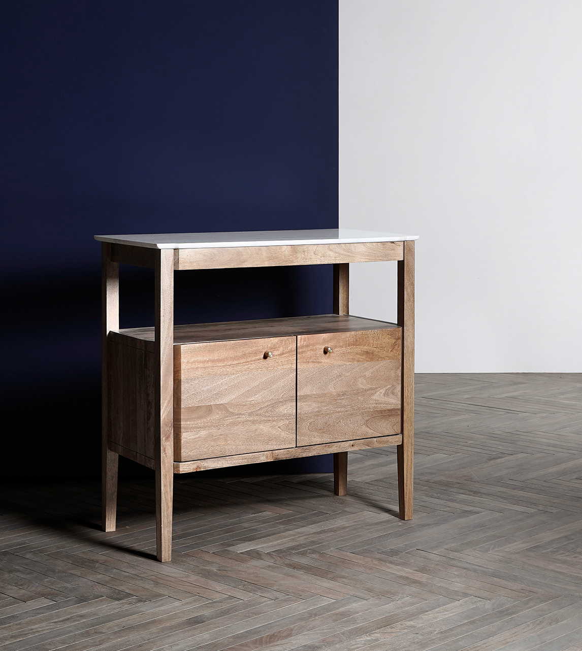 Duval Classic Cabinet in Natural Oak-stained Mango Wood & White Marble ...