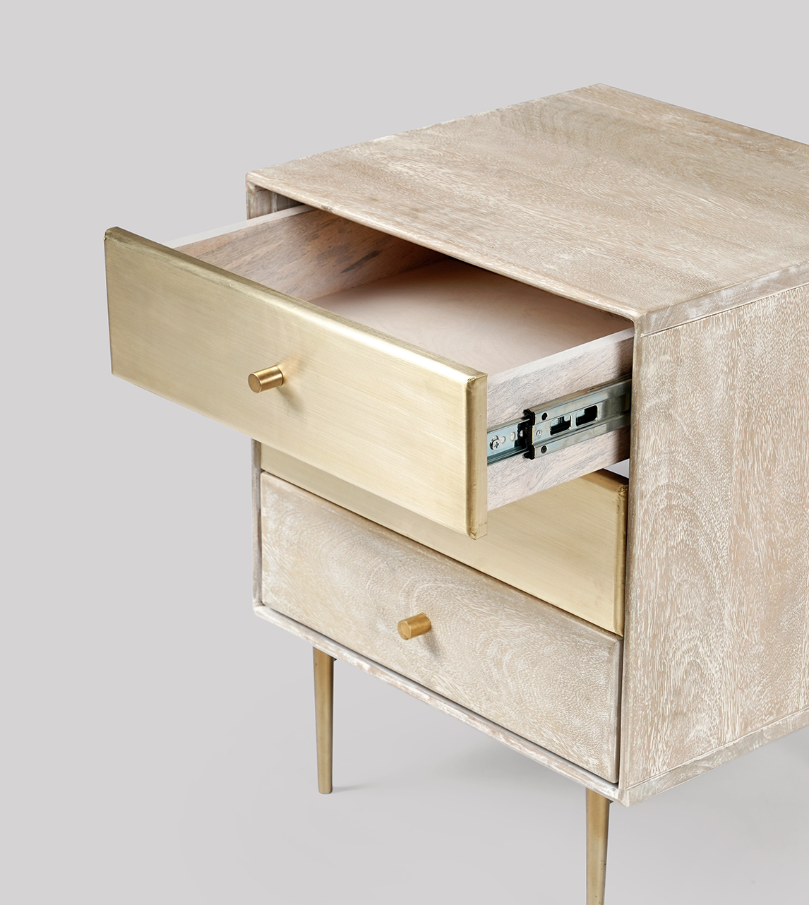 Faroe Art Deco Bedside Table in Whitewashed Mango Wood & Brass | Swoon
