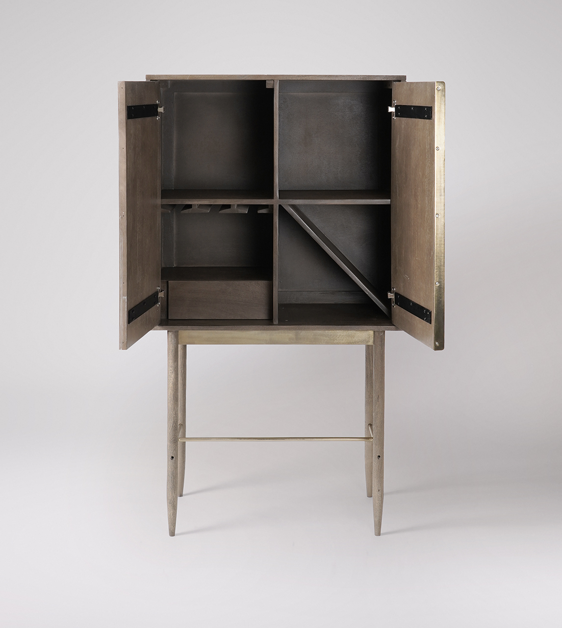 Foxe Contemporary Drinks Cabinet in Sandblasted Grey Mango Wood & Brass ...