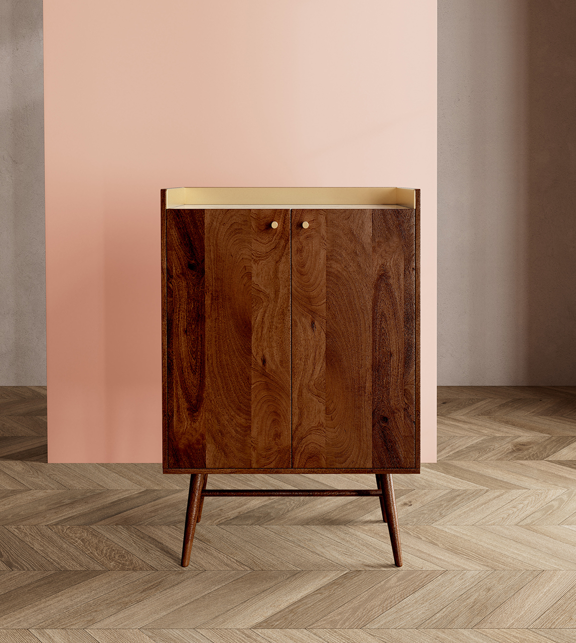 Fresco Mid-Century Style Bar Cabinet in Brass & Light Brown Mango Wood ...