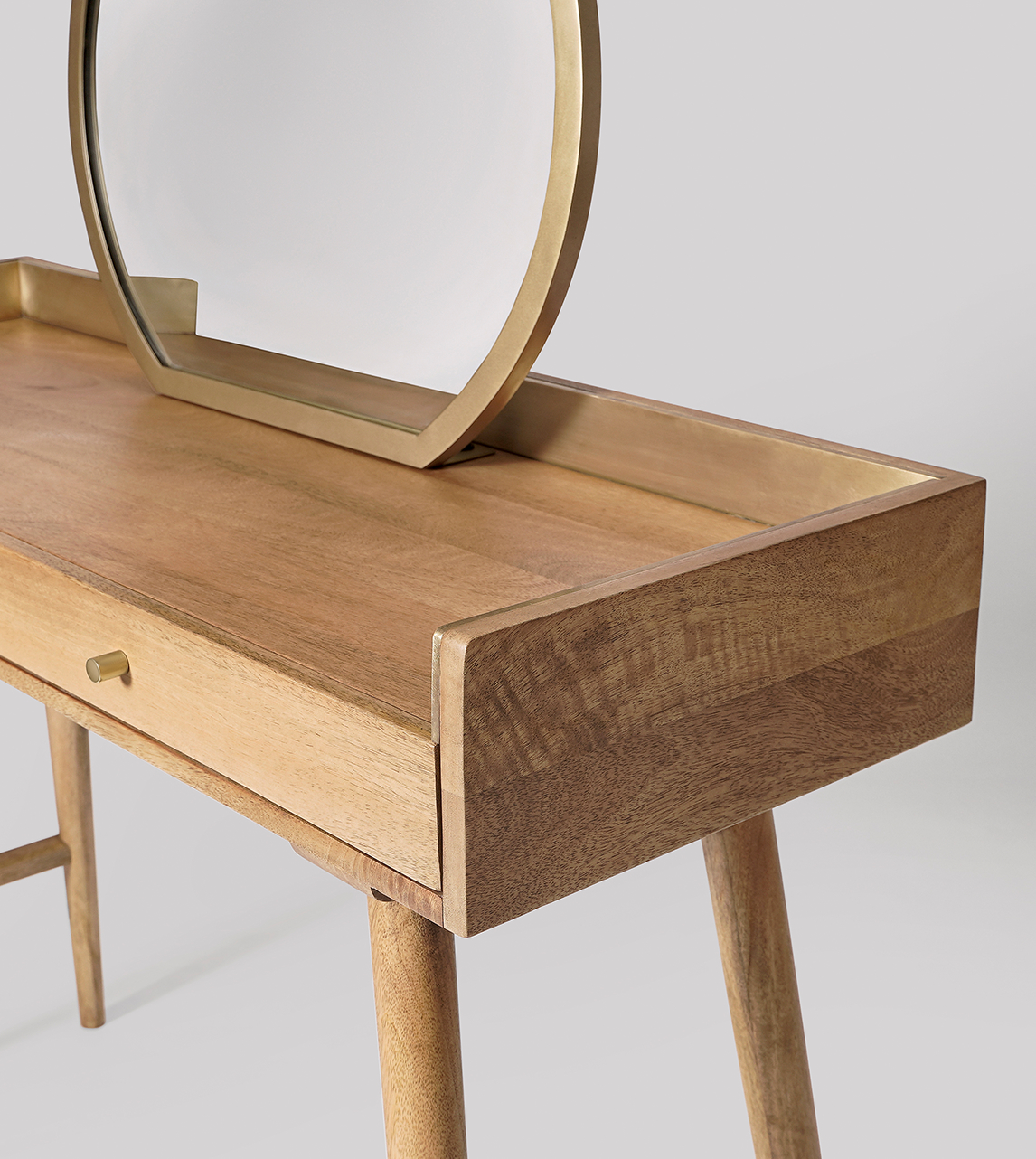 Fresco Mid Century Dressing Table in Natural Mango Wood & Brass | Swoon