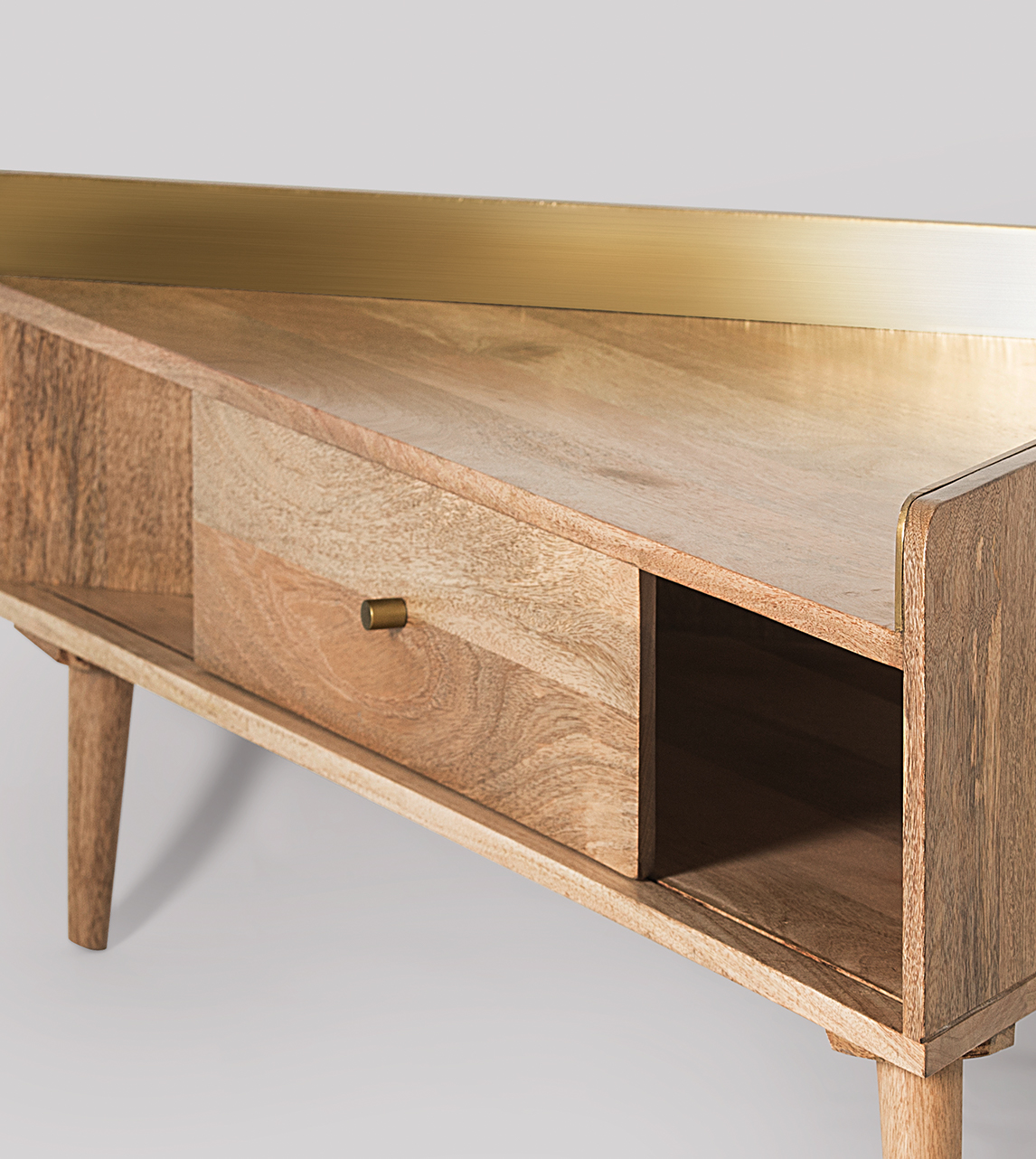 Fresco Mid-Century Style Corner TV Stand in Brass & Natural Mango Wood ...