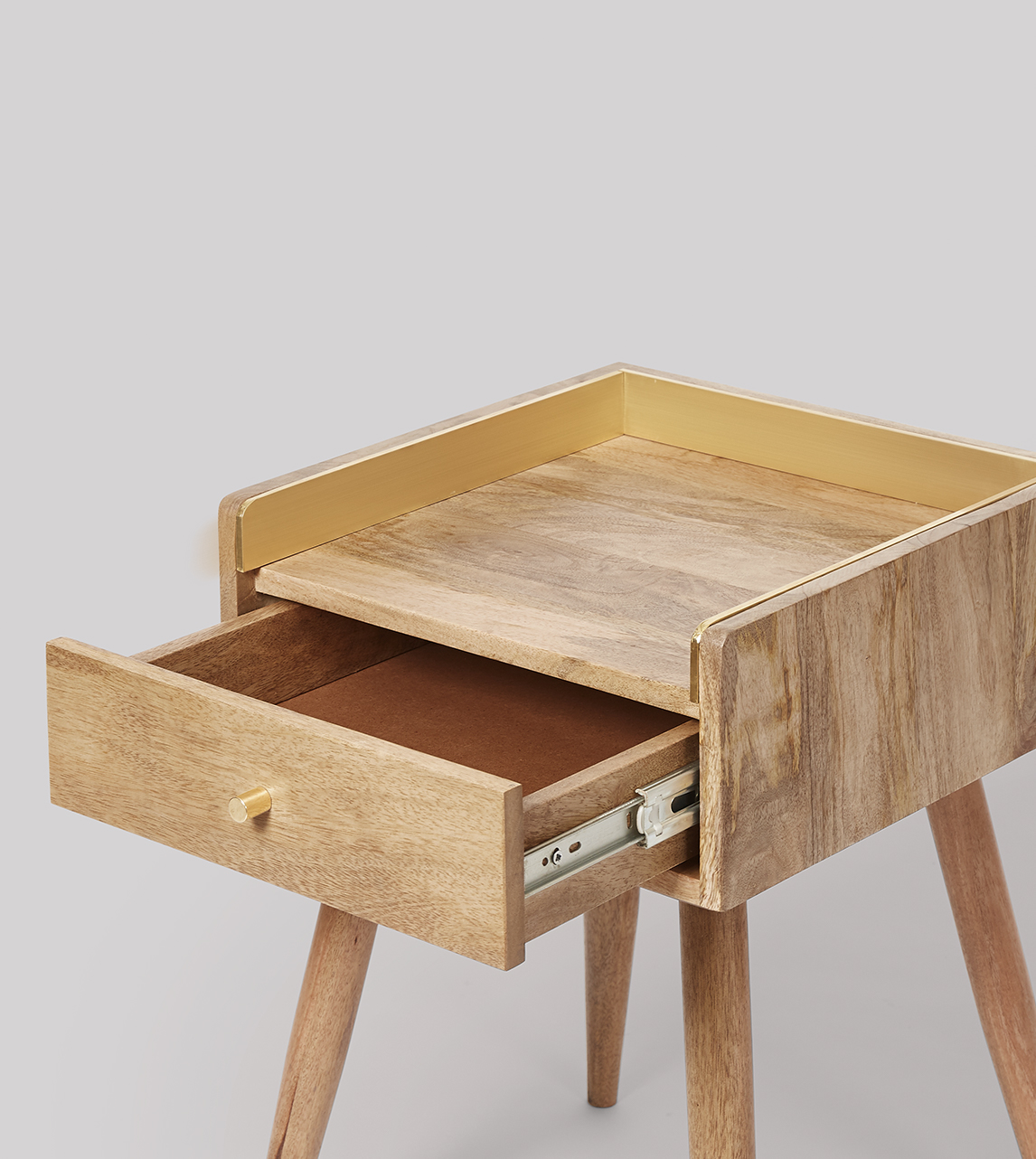 Fresco Scandi Style Side Table in Natural Oak & Brass | Swoon