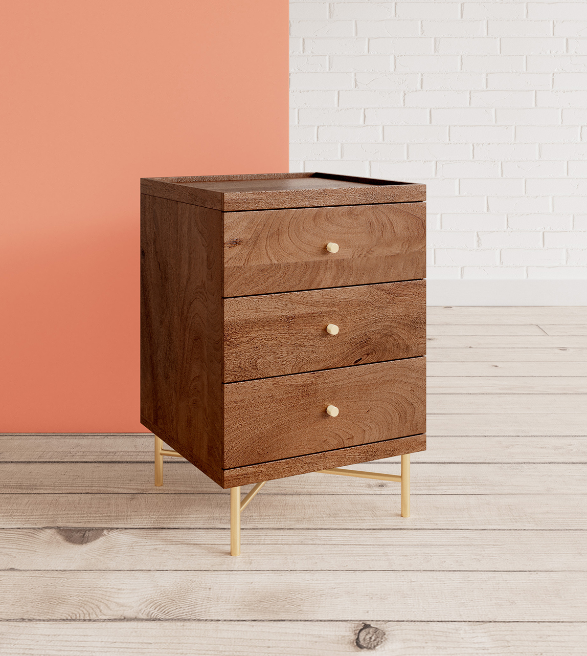 Halle Three-Drawer Bedside Table, Mid-Century Style in Light Brown Mango Wood & Brass | Swoon