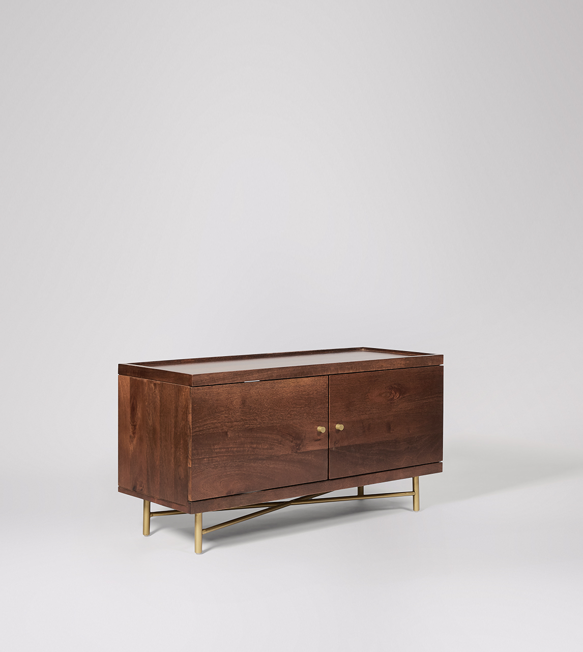 Halle Small TV Stand in Brass & Light Brown Mango Wood | Swoon