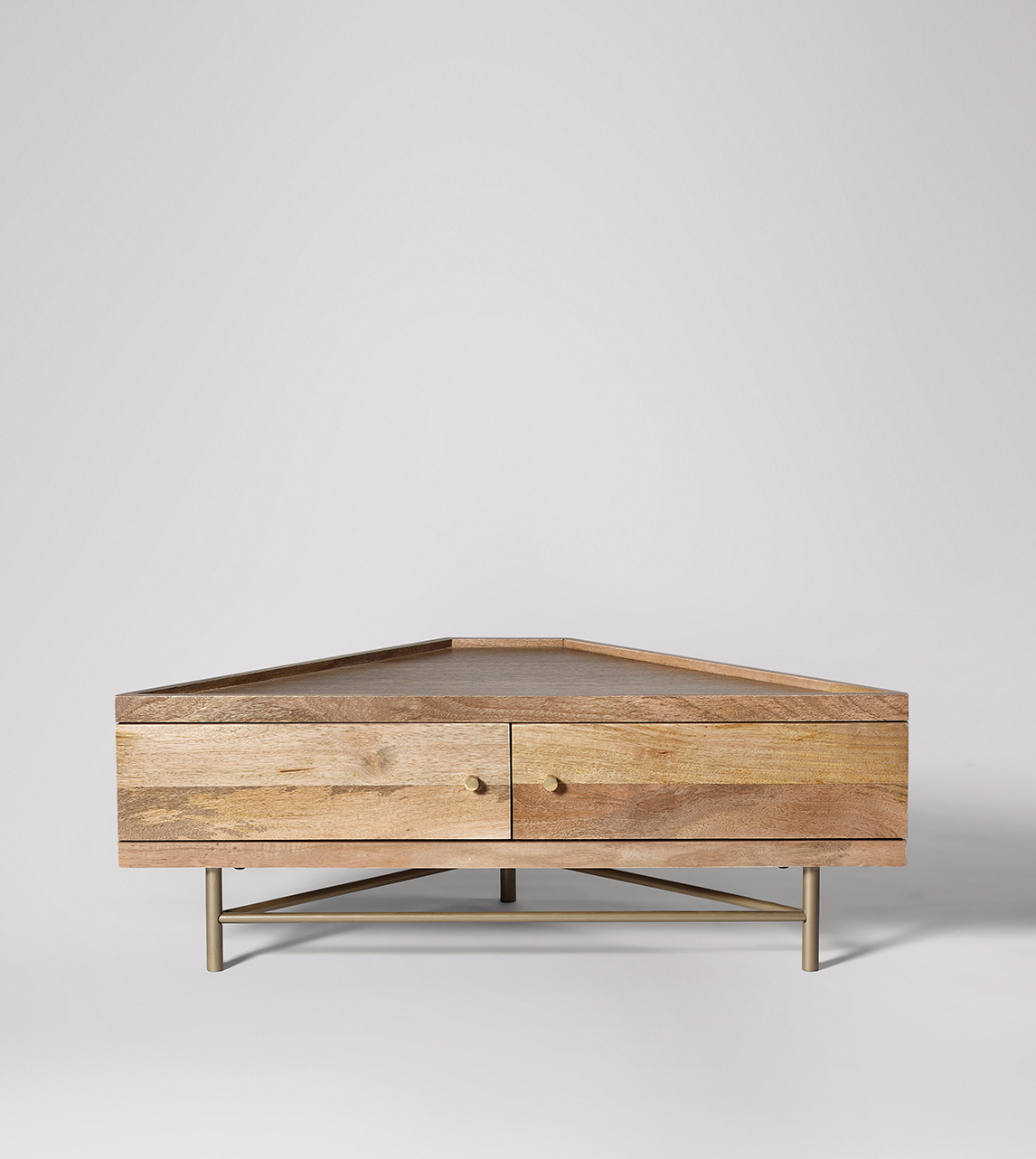 Halle Mid Century Modern Corner TV Unit in Natural Oak Stained Mango Wood Brass Swoon