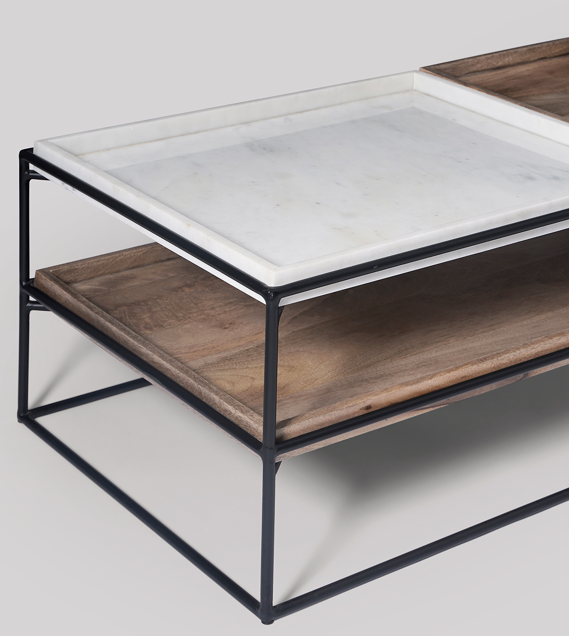 Hansel Industrial Coffee Table in Natural Oak stained Mango Wood White Marble Swoon