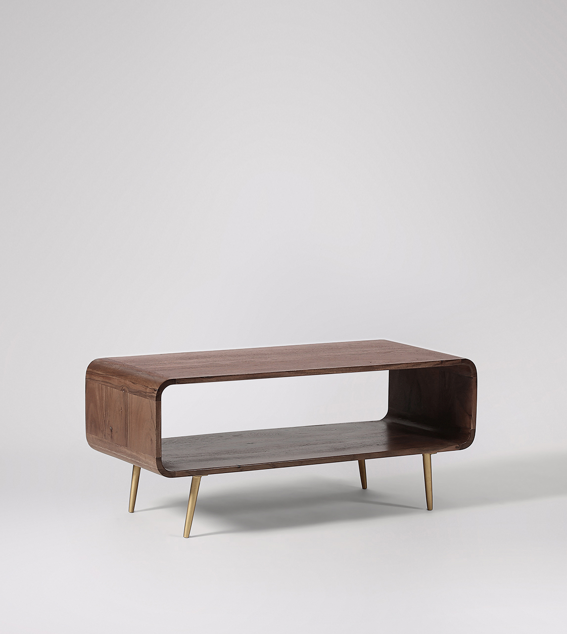 Harring TV Stand in Brass & Dark Brown Acacia | Swoon