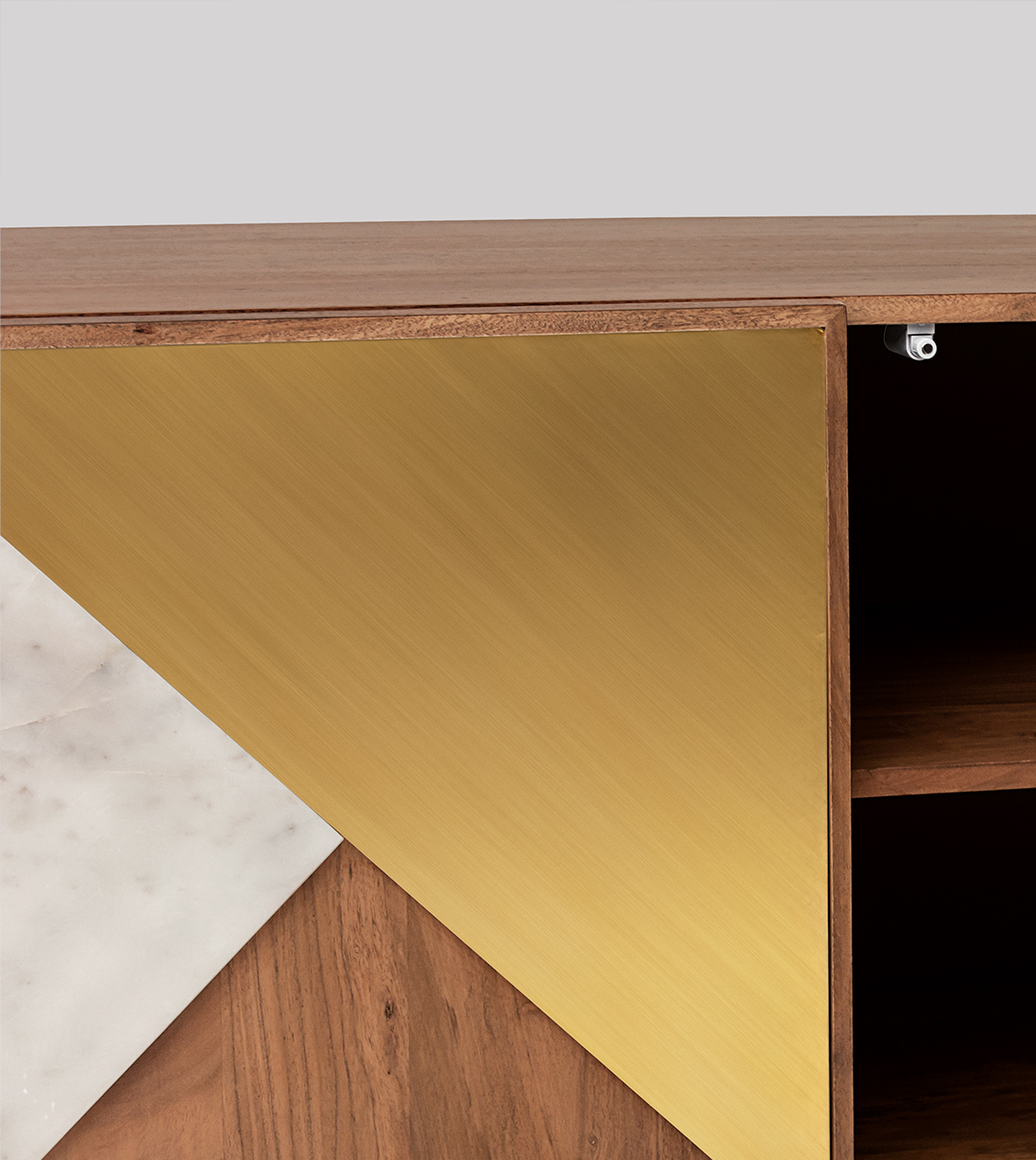 Hermes Deco Style Sideboard in Acacia, White Marble & Brass | Swoon