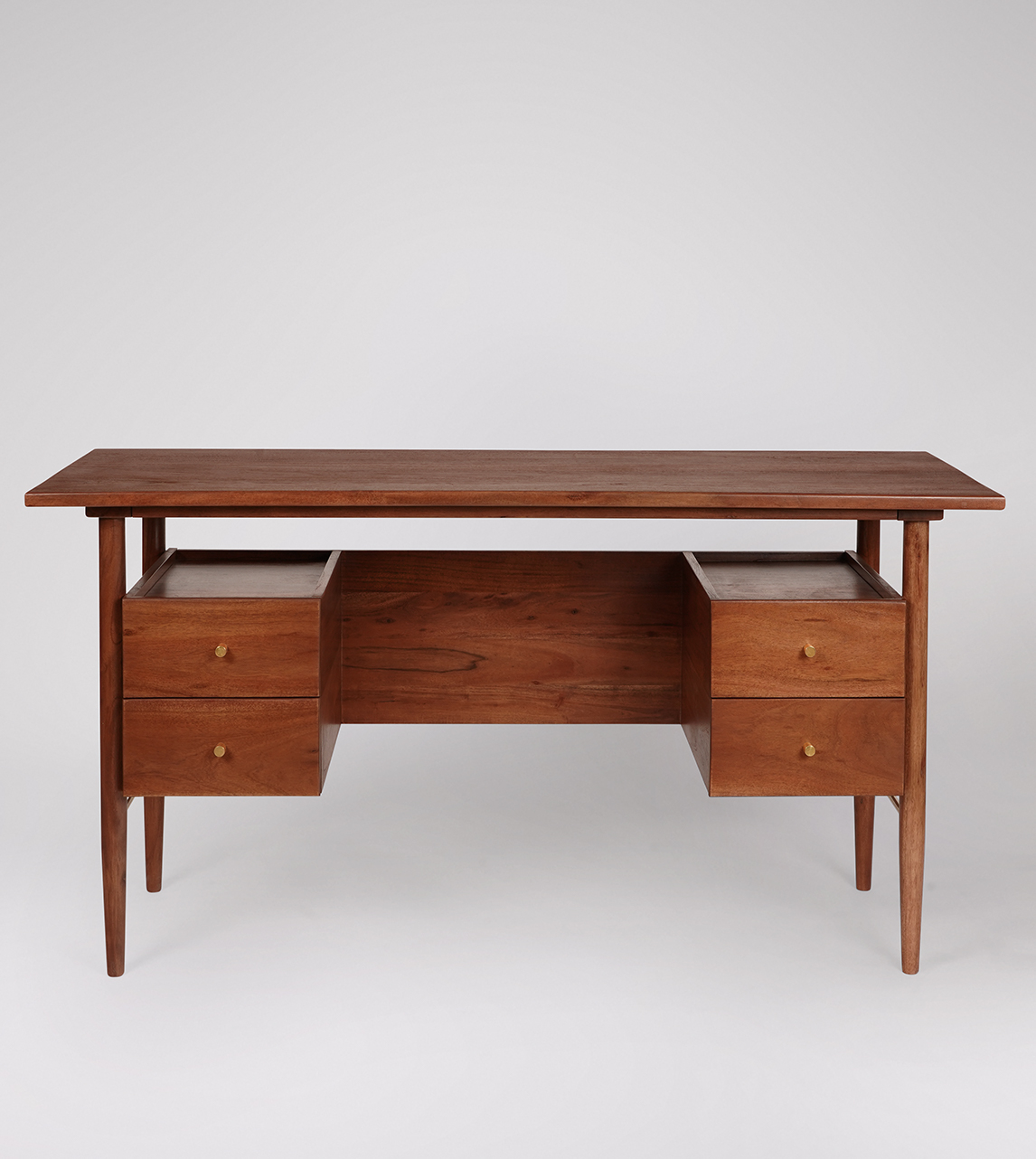 Hewinson Mid Century Desk in Dark Brown Acacia & Brass-Plated Steel | Swoon