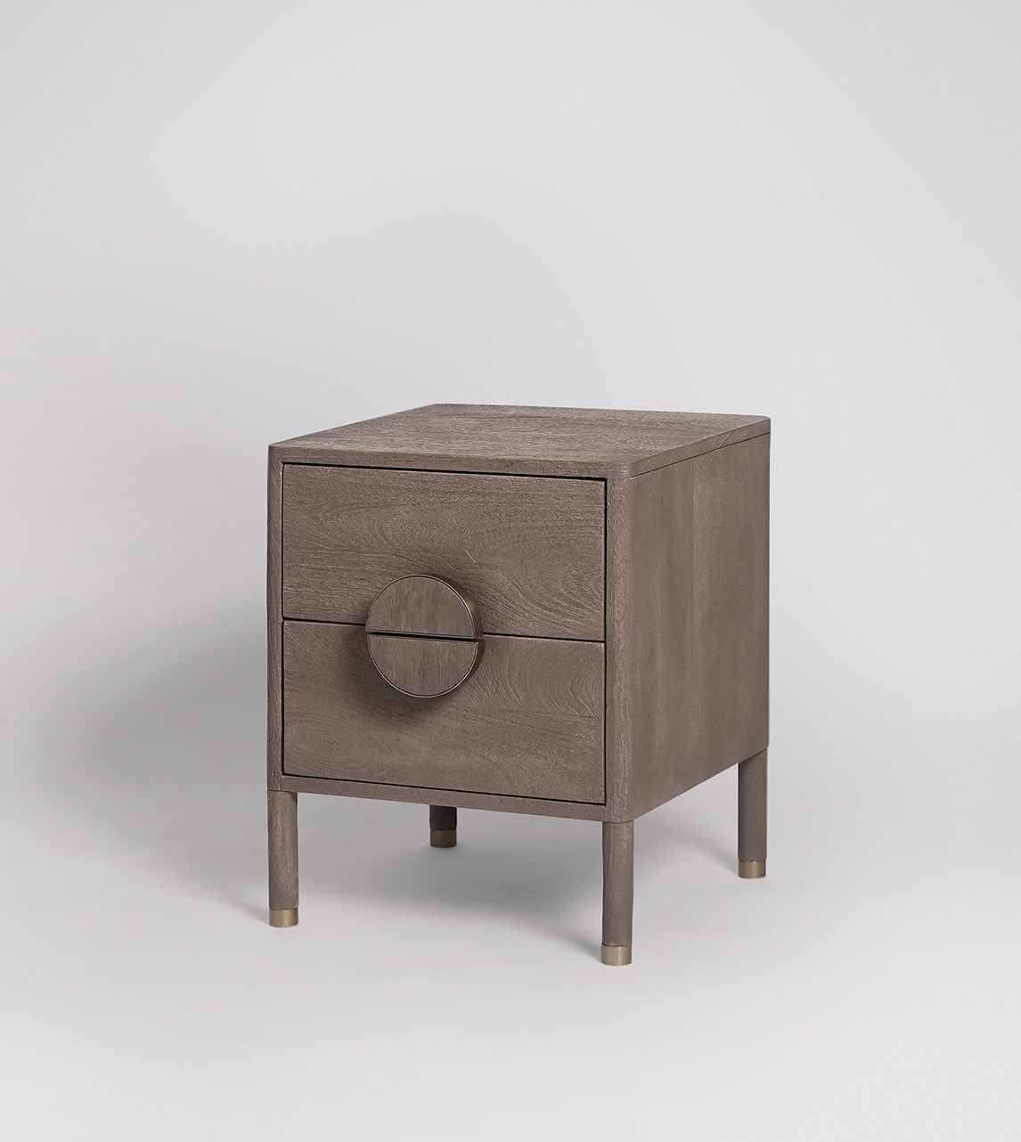 Jackson Contemporary Bedside Table in Sandblasted Grey Mango Wood & Brass | Swoon