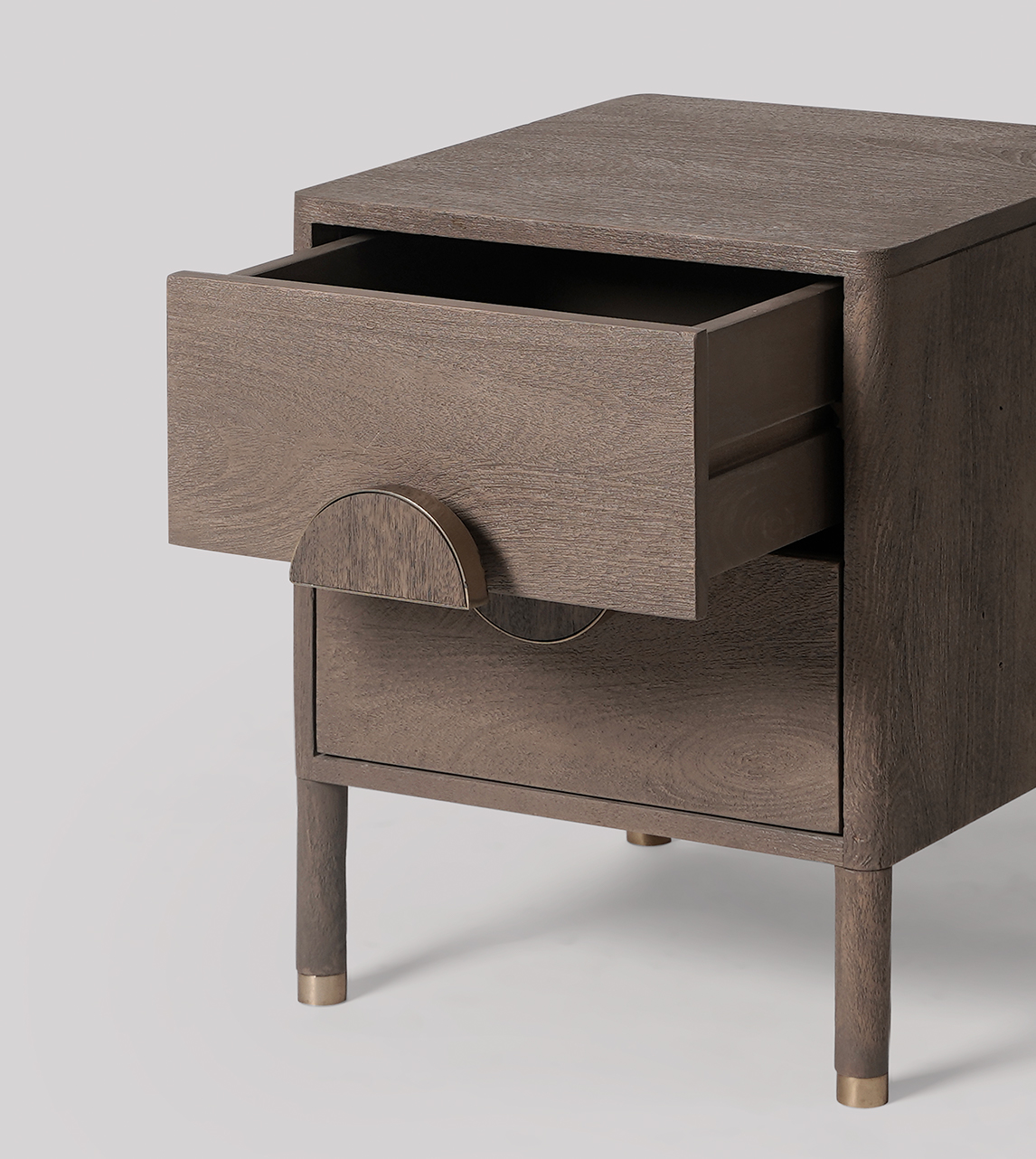 Jackson Contemporary Bedside Table in Sandblasted Grey Mango Wood & Brass | Swoon