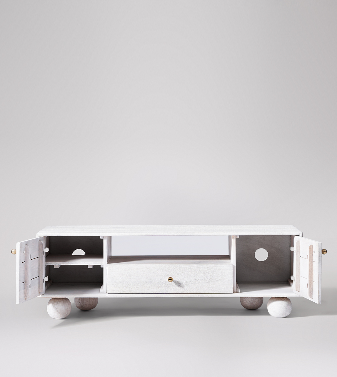 Kolm Maximalist Media Unit in Sandblasted White Mango Wood & Brass | Swoon