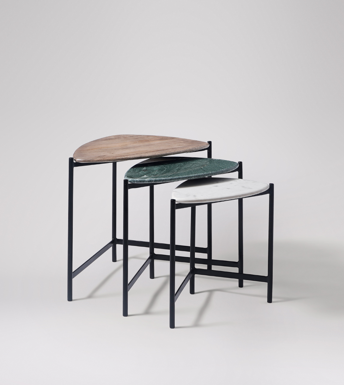 Lapis Nesting Side Table Set Contemporary Style in Mango Wood Green White Marble Swoon