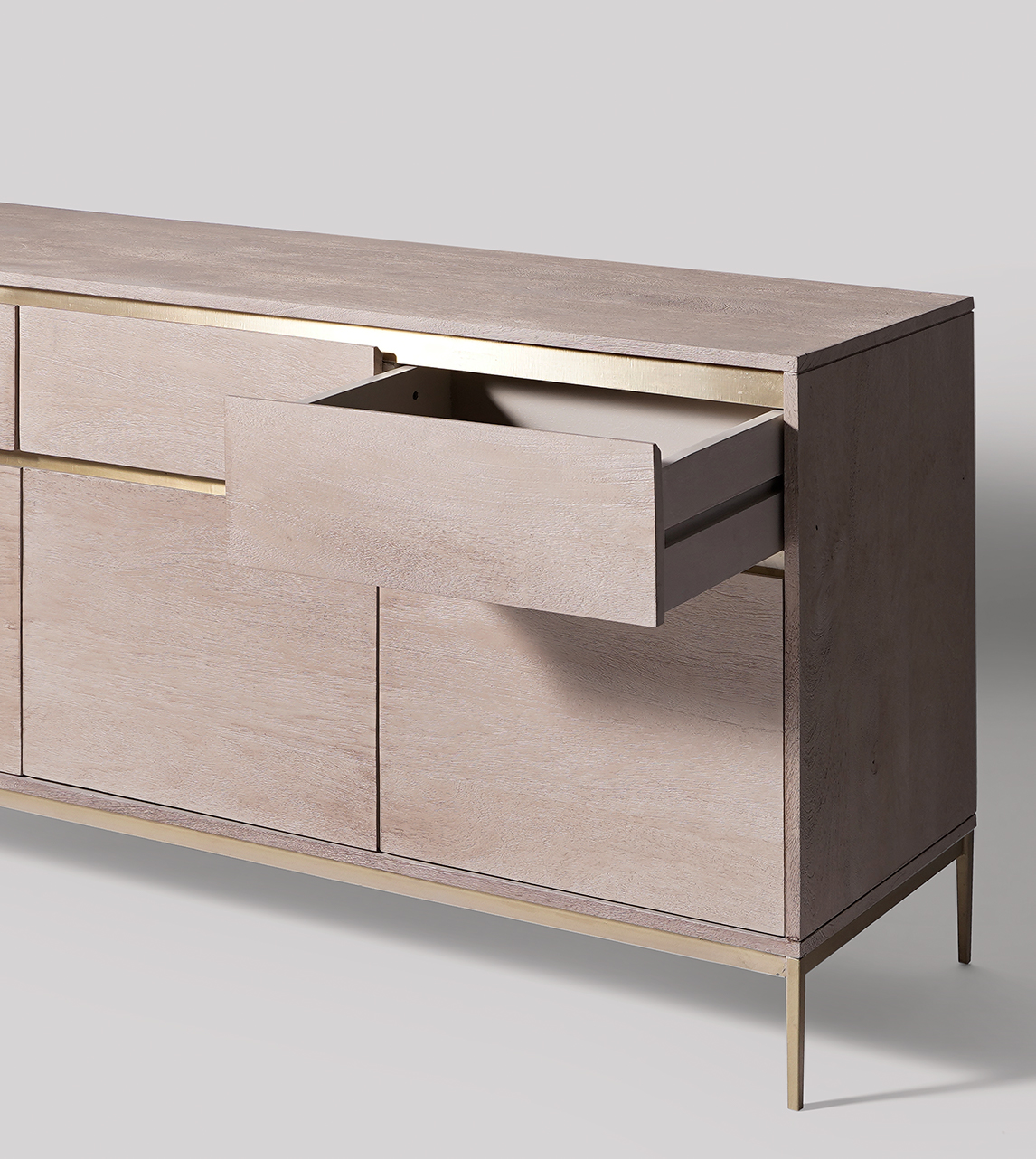Mosby Contemporary Sideboard in Sandblasted Grey Mango Wood & Brass | Swoon