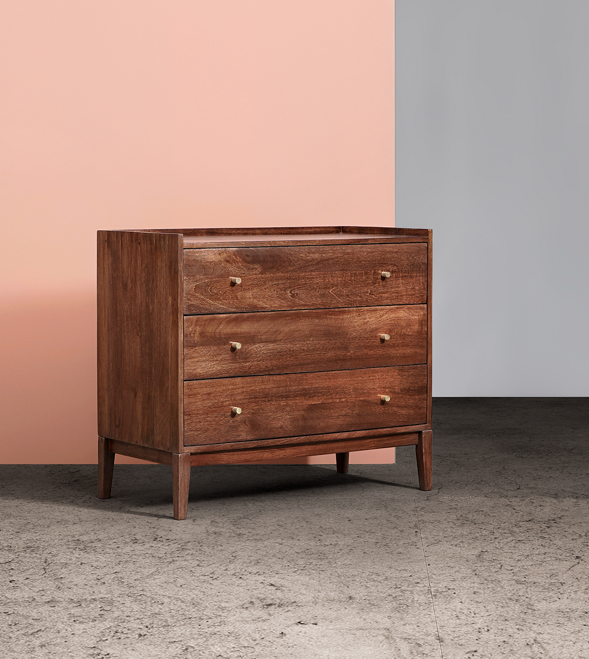 Newham Contemporary Three-drawer Chest of Drawers in Brass & Dark Mango ...