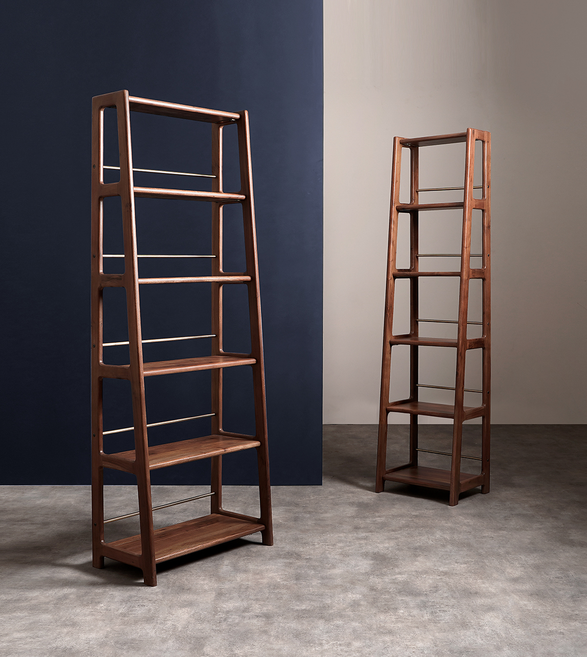 Noah Mid Century Shelving Unit in Dark Brown Acacia & Brass | Swoon