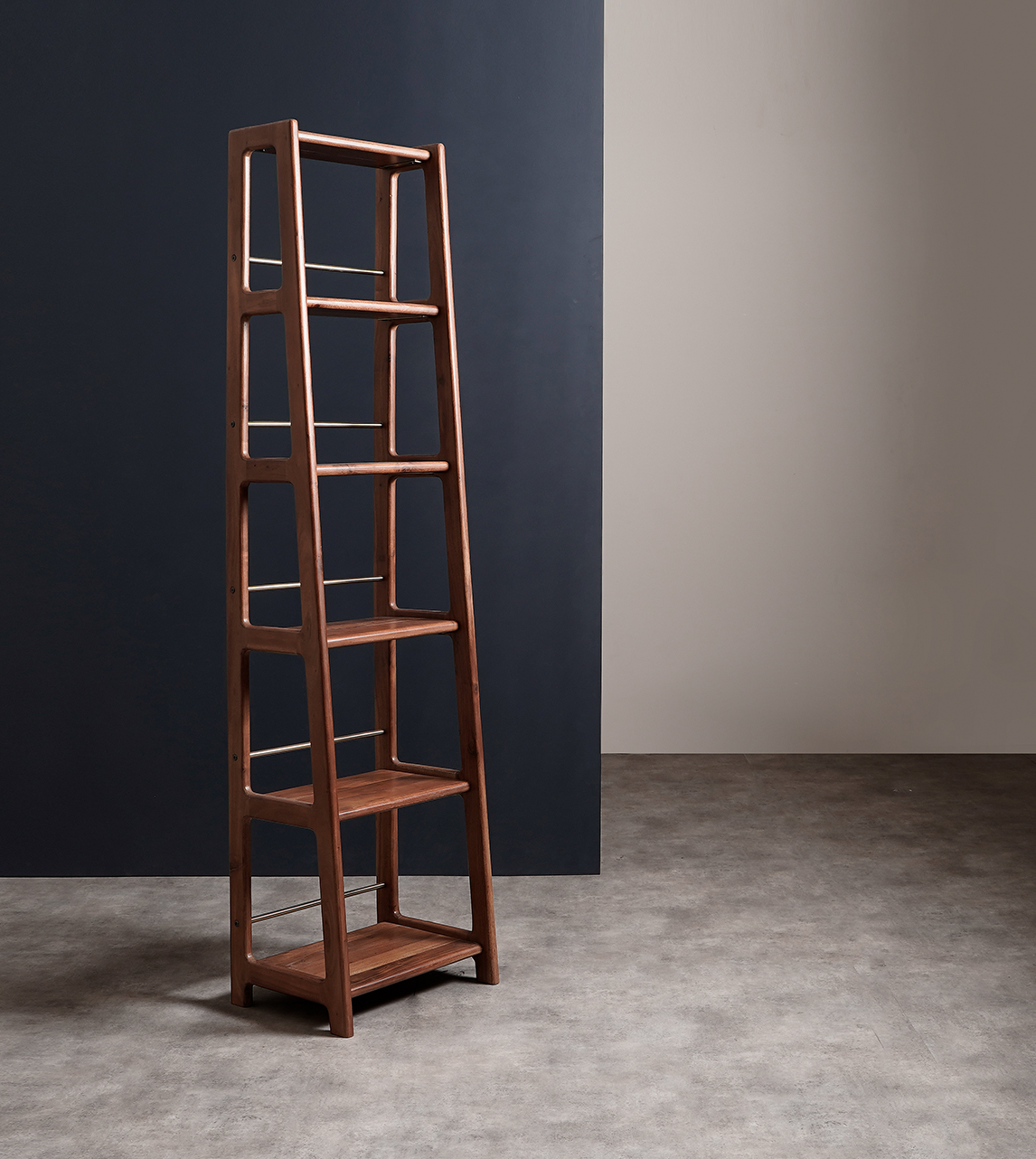 Noah Mid Century Narrow Shelving Unit in Dark Brown Acacia & Brass | Swoon