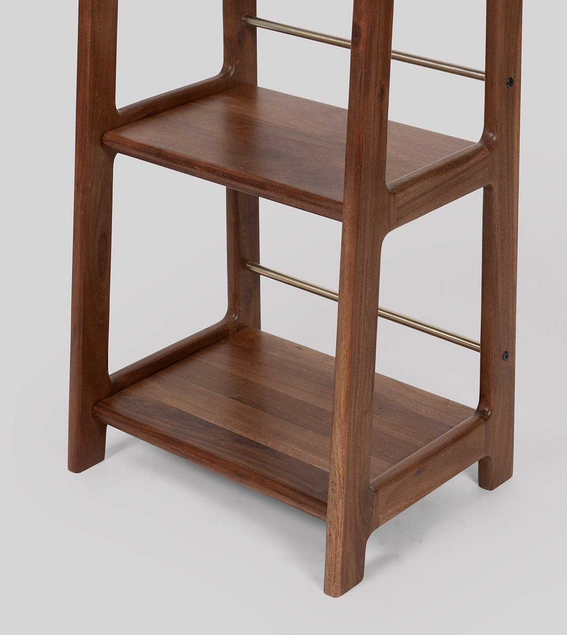 Noah Mid Century Narrow Shelving Unit in Dark Brown Acacia & Brass | Swoon