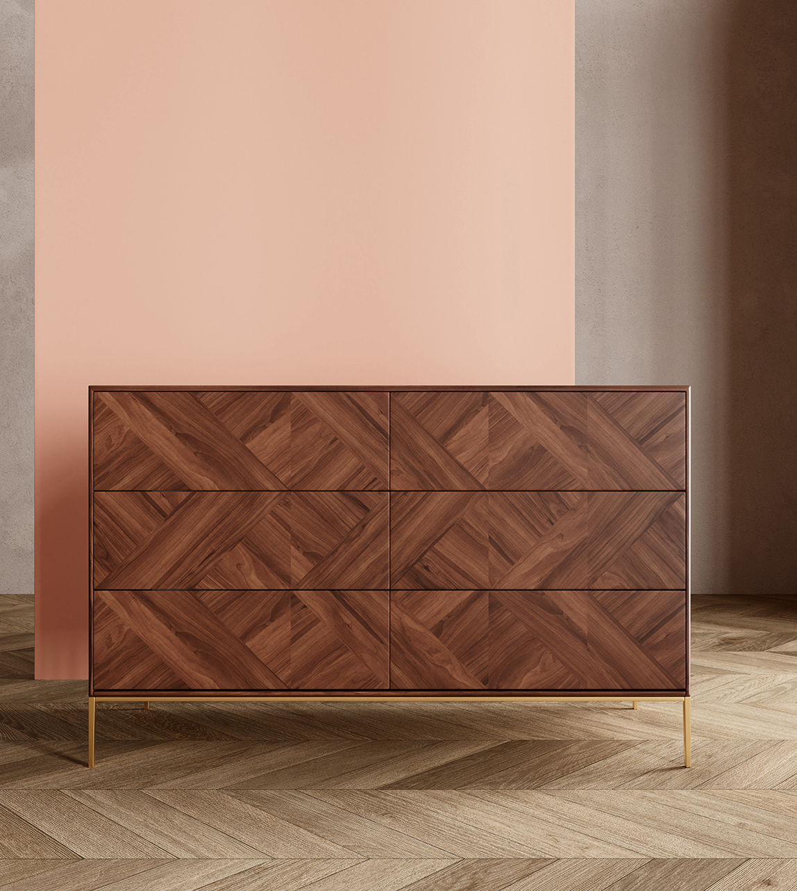 Norrebro Contemporary Six-Drawer Chest of Drawers in Acacia & Brass | Swoon