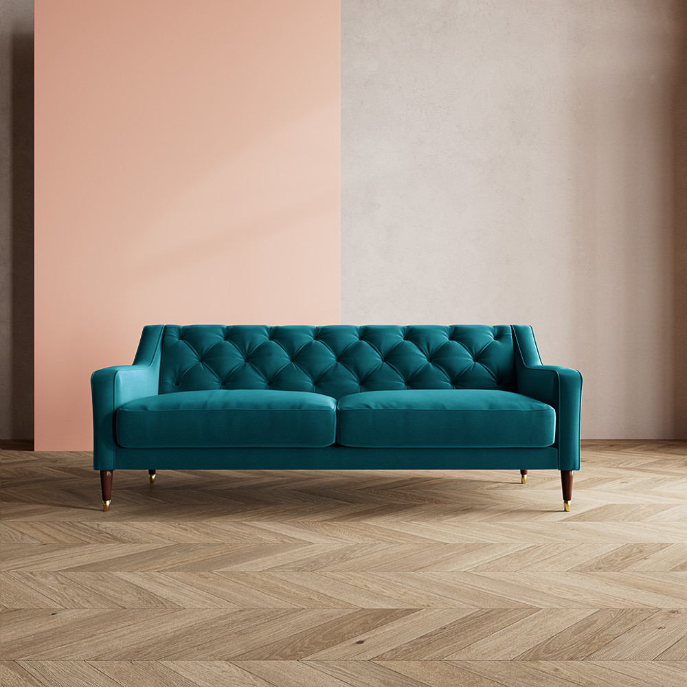 Pritchard Three seater Sofa in Kingfisher Easy Velvet with Dark Feet Swoon