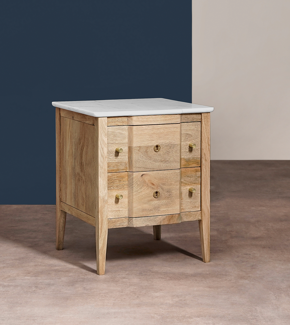 Duval Traditional Bedside Table in Natural Mango Wood & White Marble ...