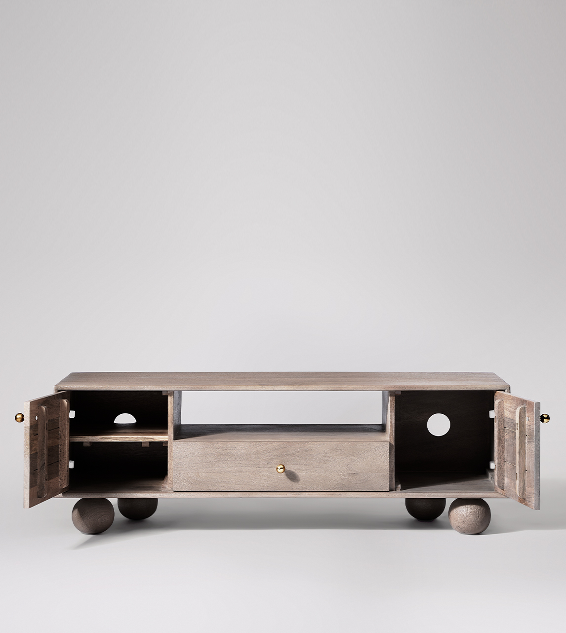 Kolm Maximalist Media Unit in Sandblasted Grey Mango Wood & Brass | Swoon