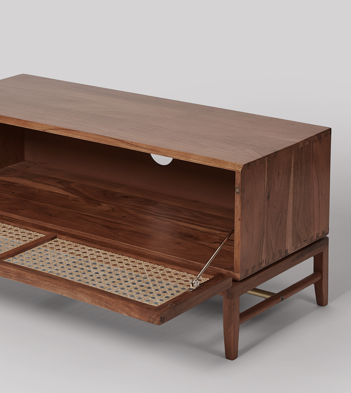 Raphia Contemporary TV Stand in Rattan, Acacia & Brass | Swoon