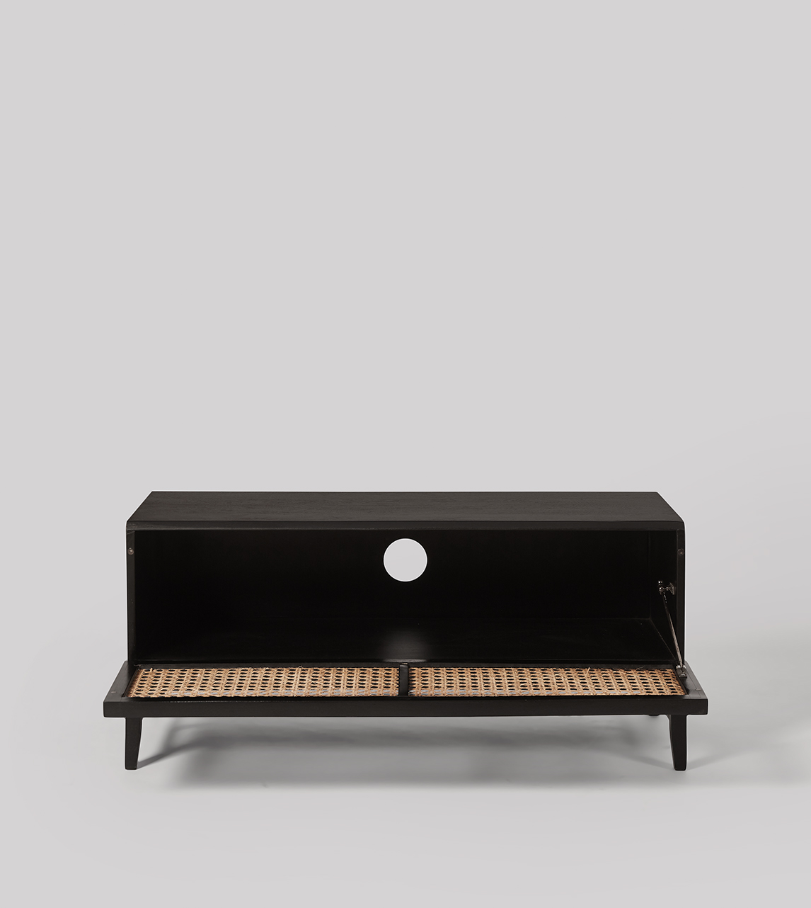 Raphia Contemporary TV Stand in Black Mango Wood & Brass | Swoon