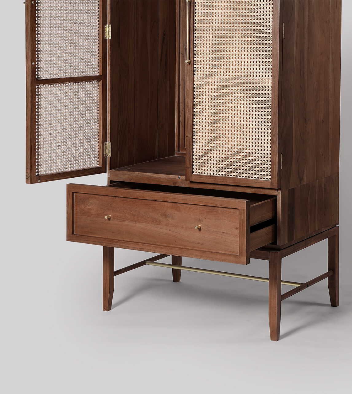 Raphia Mid-Century Modern Double Wardrobe in Dark Brown Acacia, Natural ...