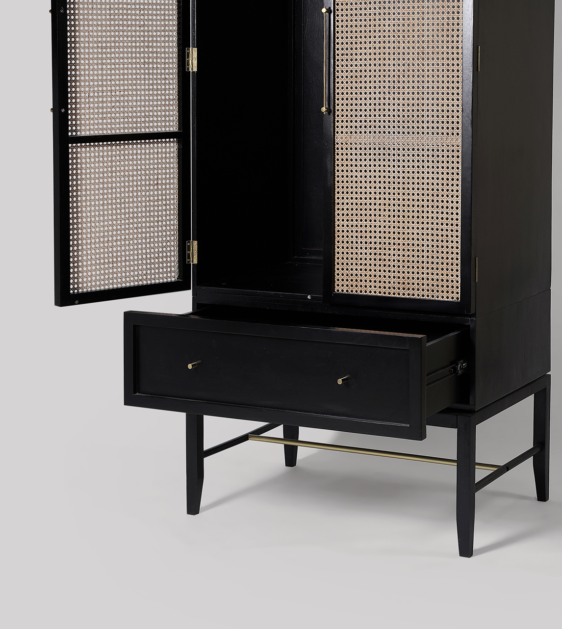 Raphia Mid-Century Modern Double Wardrobe in Black Mango Wood, Natural ...