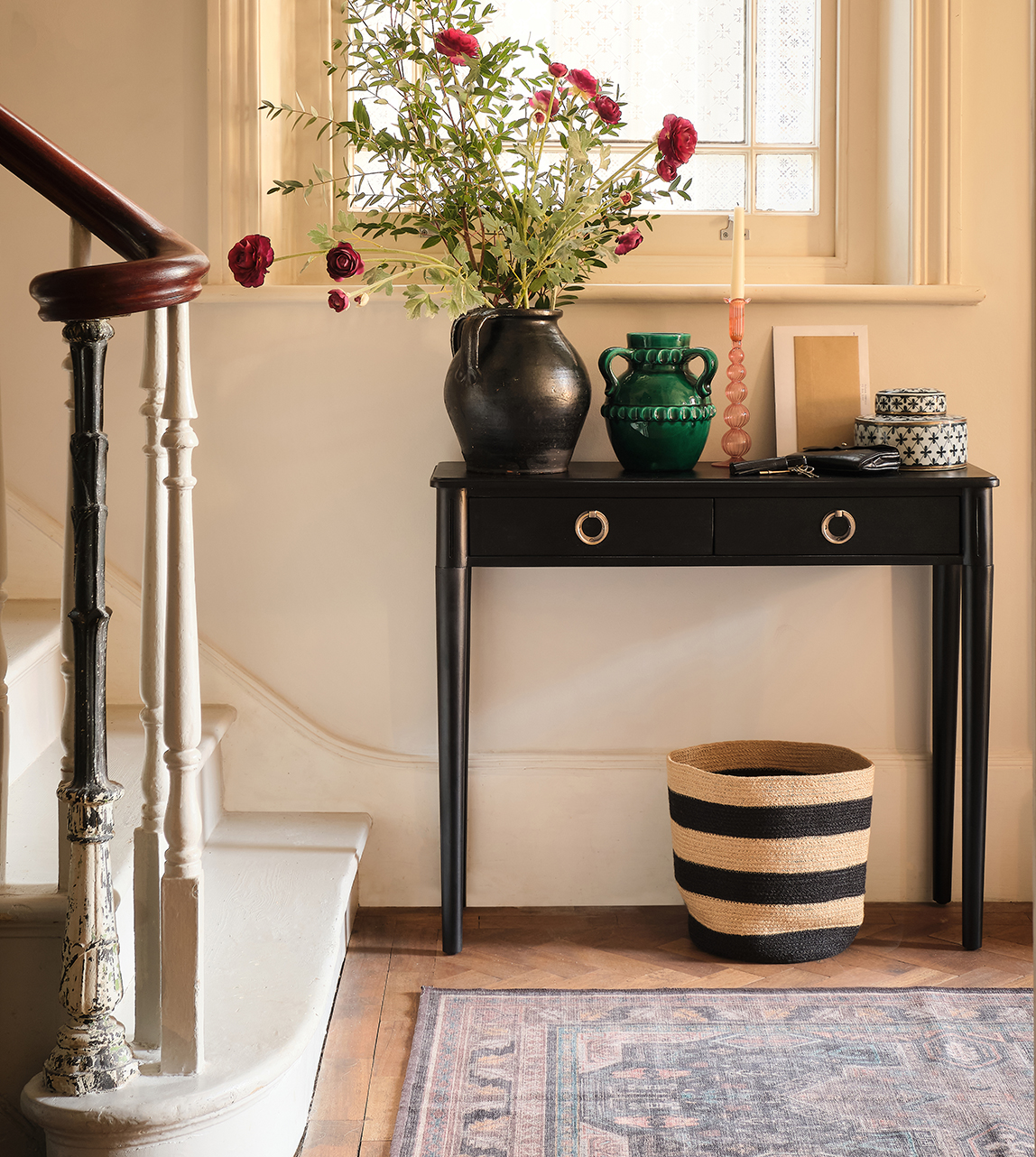 Reyna Classic Console Table in Matt Charcoal & Brass | Swoon