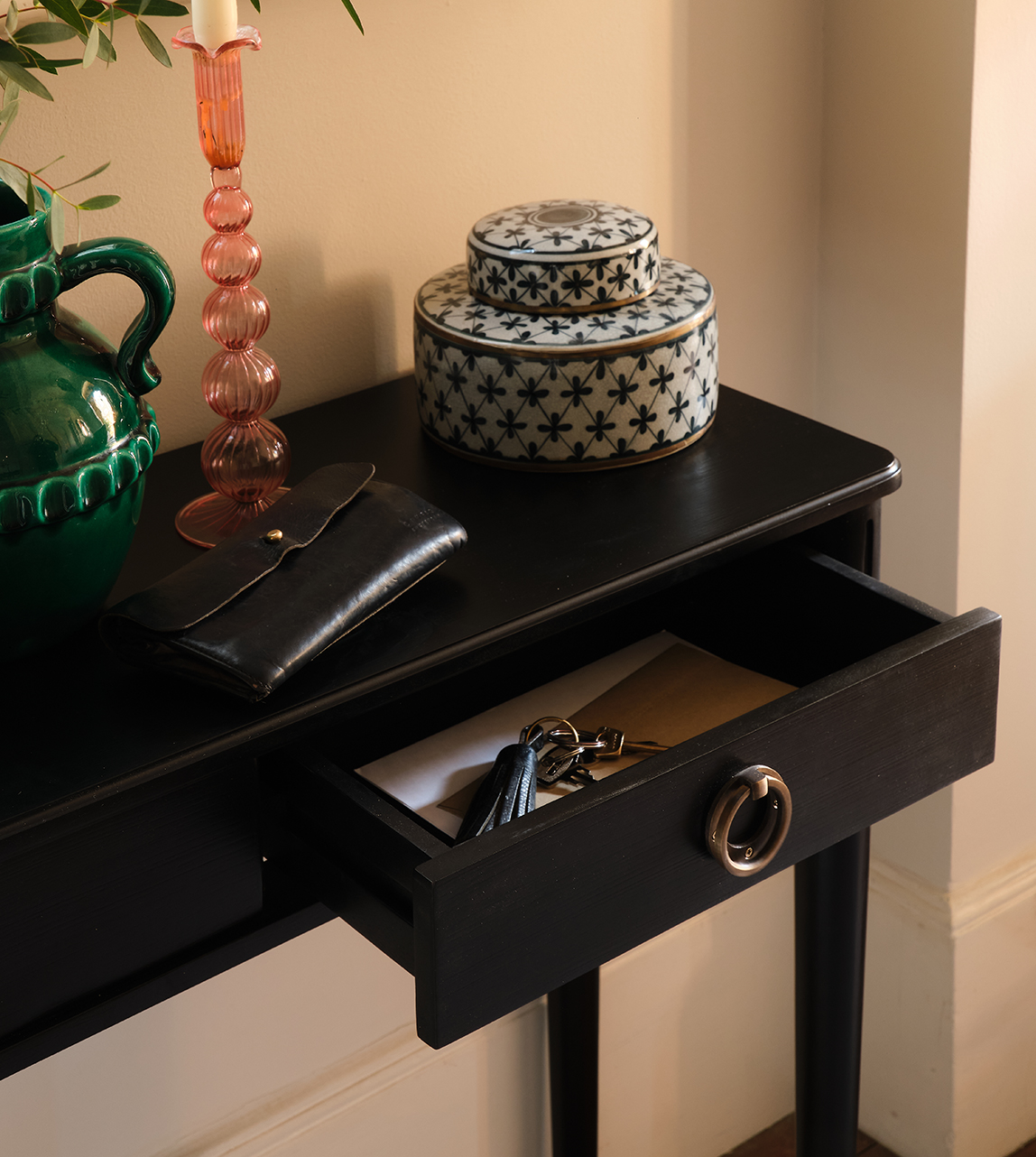 Reyna Classic Console Table in Matt Charcoal & Brass | Swoon