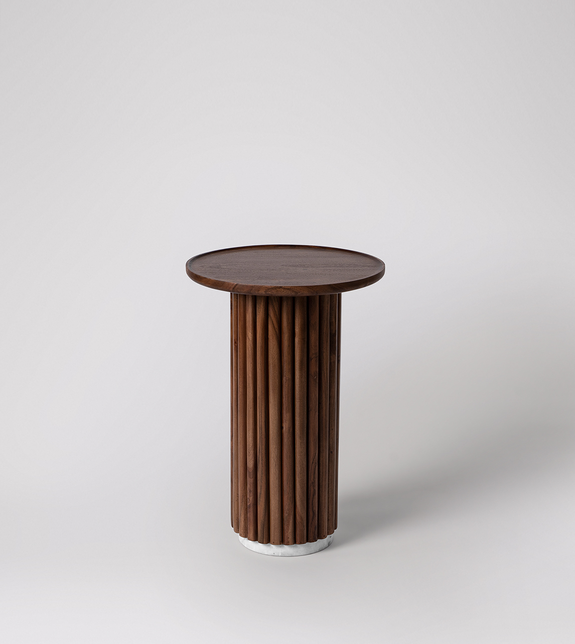 Skinner Contemporary Side Table in Dark Brown Acacia & White Marble | Swoon
