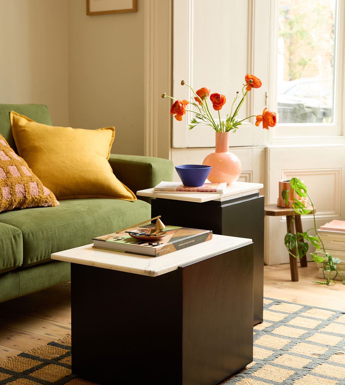 Tyne Scandi Side Table in Black Mango Wood & White Marble | Swoon