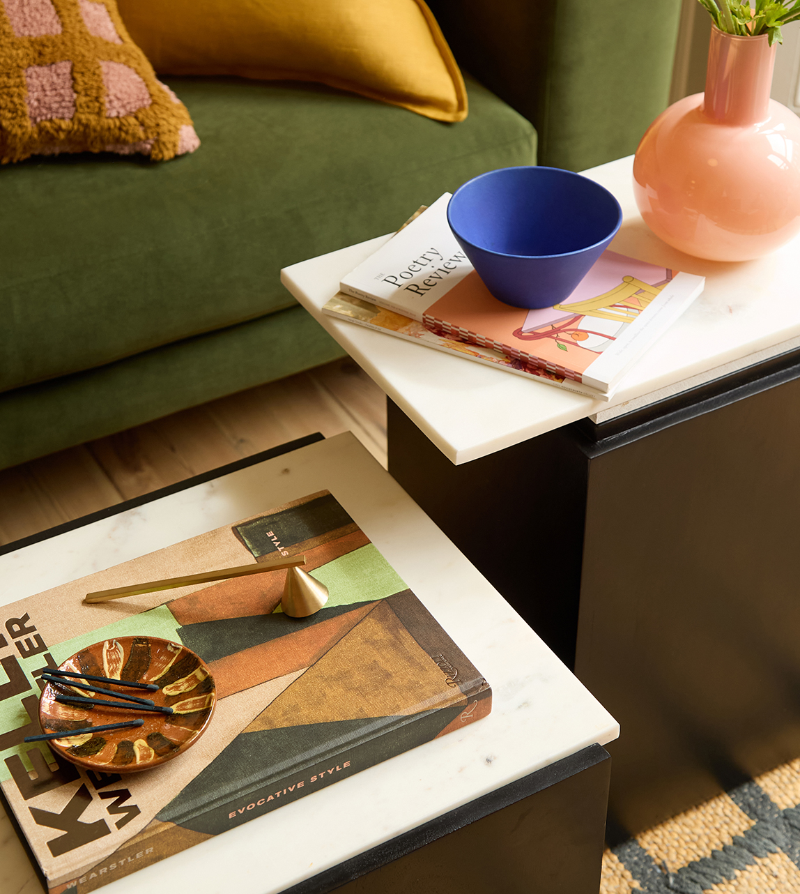 Tyne Scandi Side Table in Black Mango Wood & White Marble | Swoon