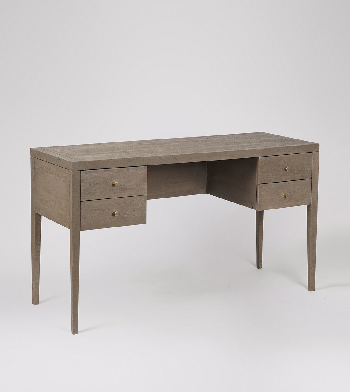 Valente Mid Century Desk in Sandblasted Grey Mango Wood & Brass | Swoon