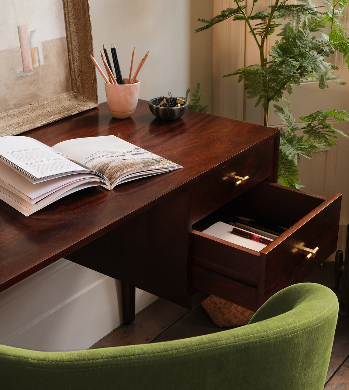 Verne Classic Double Pedestal Desk in Dark Mango Wood Brass Swoon