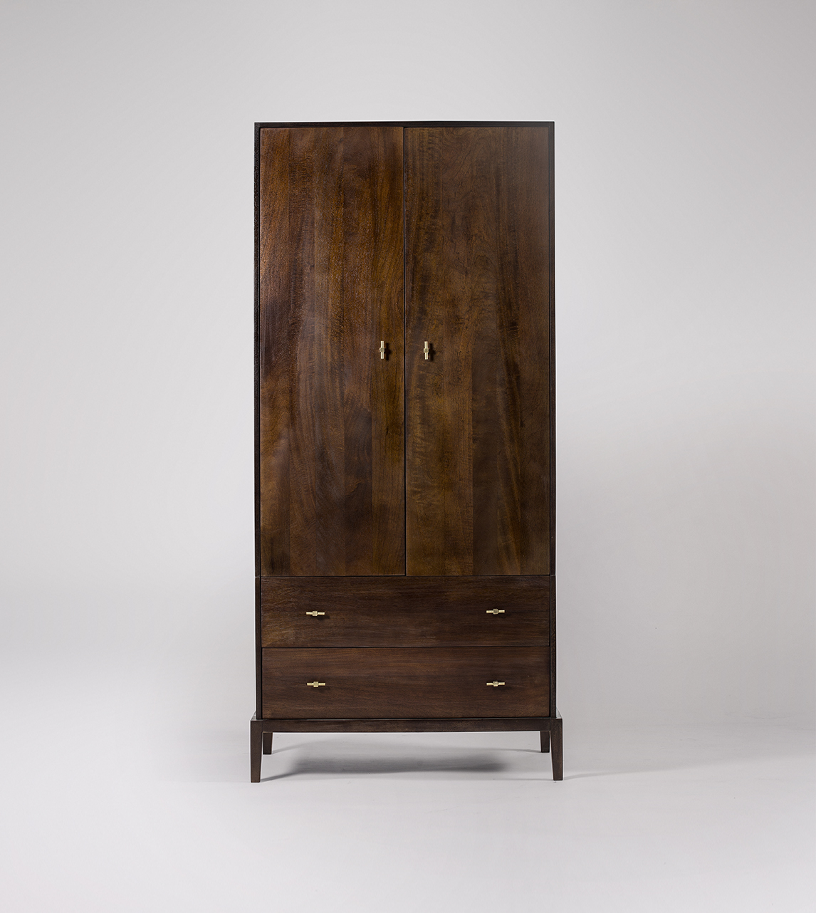 Verne Contemporary Double Wardrobe in Mocha Stained Mango Wood Brass Swoon
