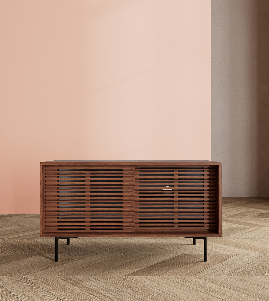 Weaving Scandi Style Small TV Stand in Acacia & Black Steel | Swoon